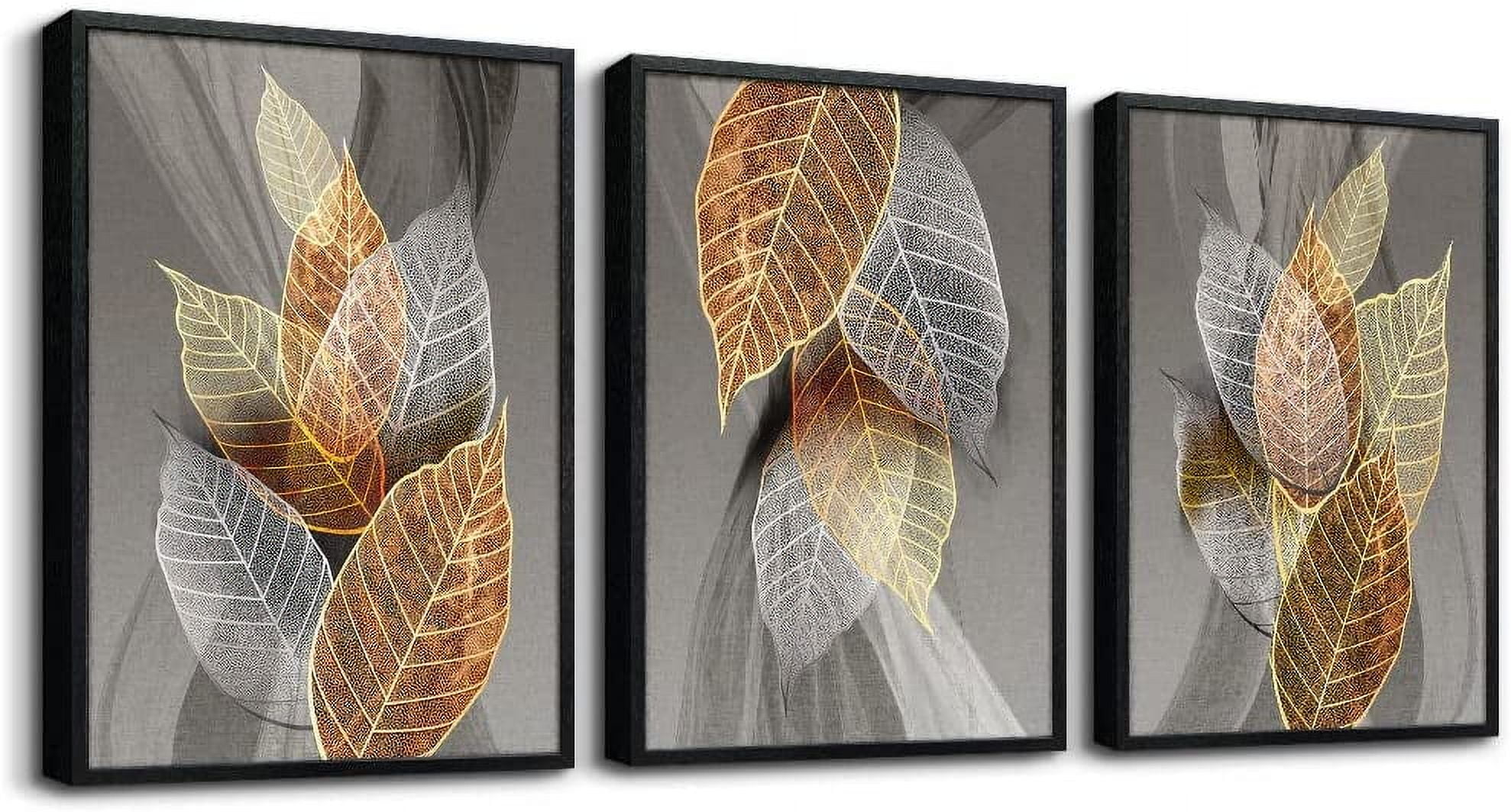 Black Framed Canvas Wall Art - 3 Piece Abstract Paintings of Leaves for ...
