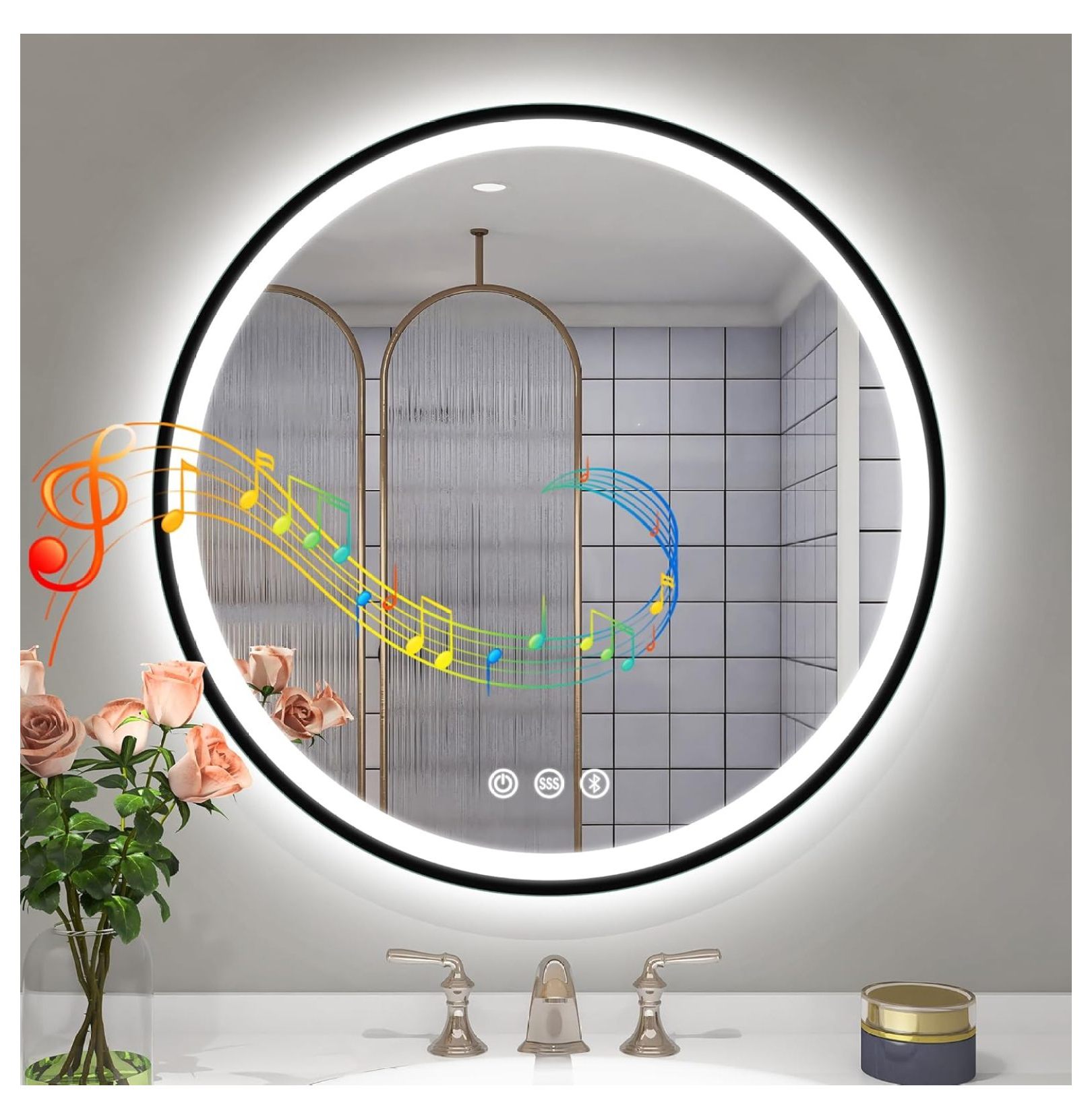 Black Frameless Round Bathroom LED Mirror with Light and Bluetooth, 3 ...