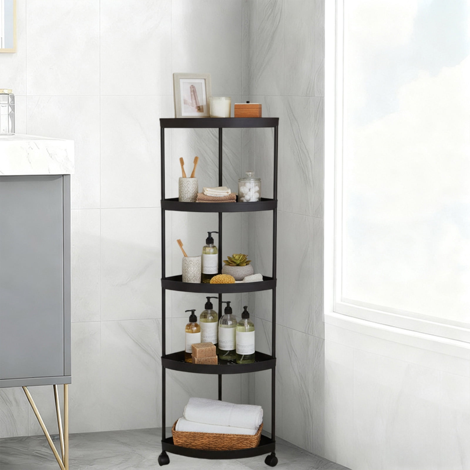 Black Freestanding Plastic Bathroom Corner Storage Rack, 12.8"x40.94 ...