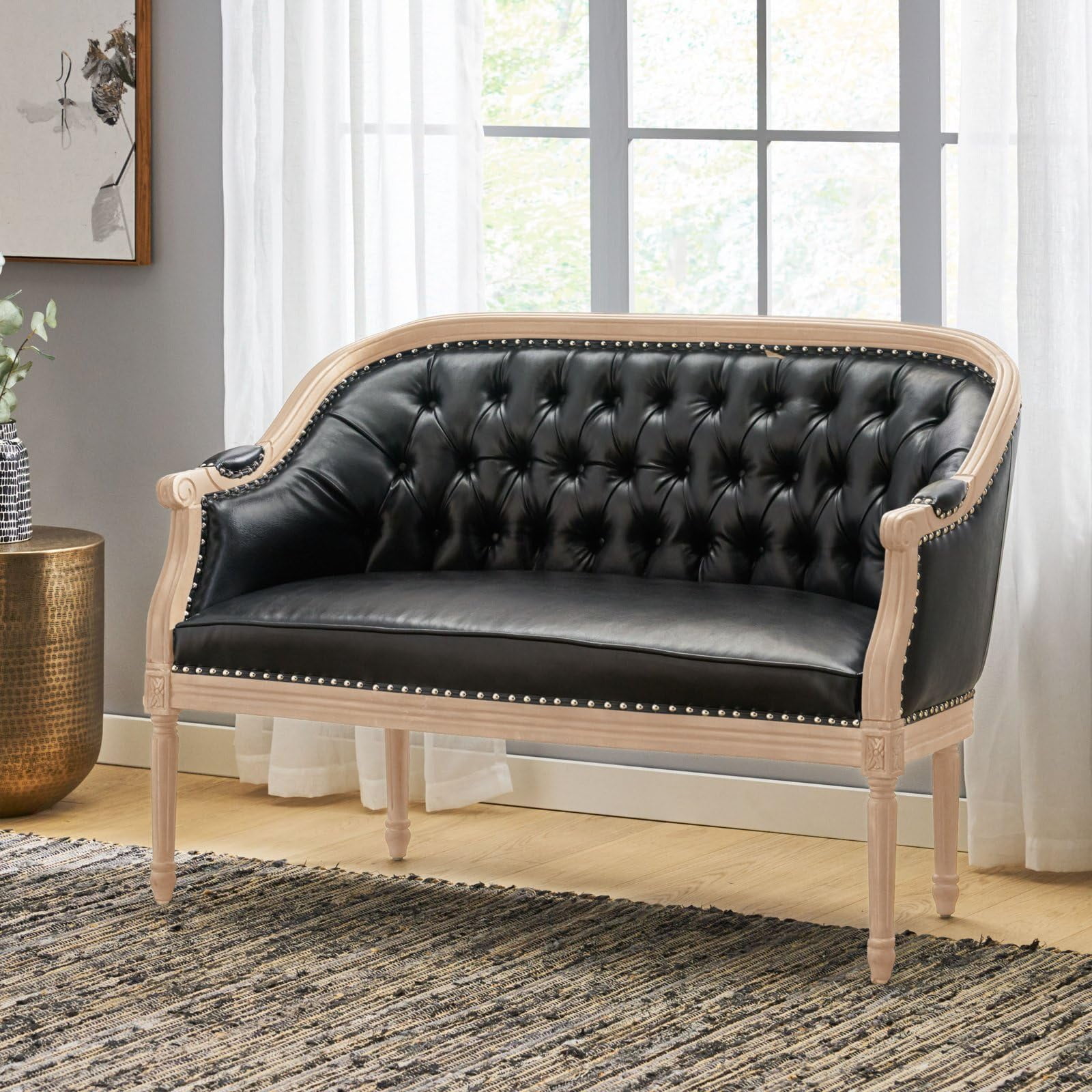 Black French Country Loveseat Sofa with Button Tufting, Nailhead ...