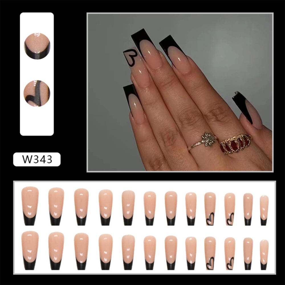 Black French Tips Long Fake Nails Easy Tear Not Fall Nail Art Pieces ...