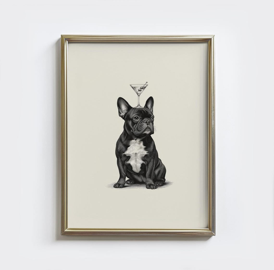 Black Frenchie & Cocktail Wall Art: Funny French Bulldog Martini Print, Vintage Bar Cart Poster ...