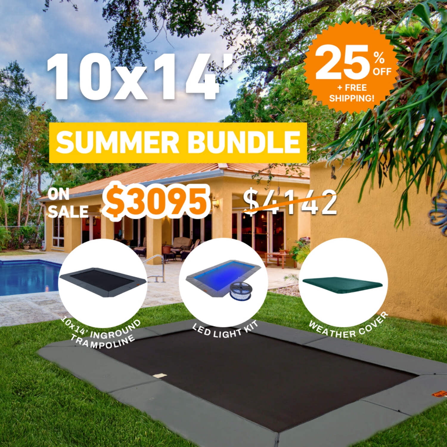 Summer Bundle! 10'x14' Rectangle Pro-Line In-ground Trampoline + LED ...