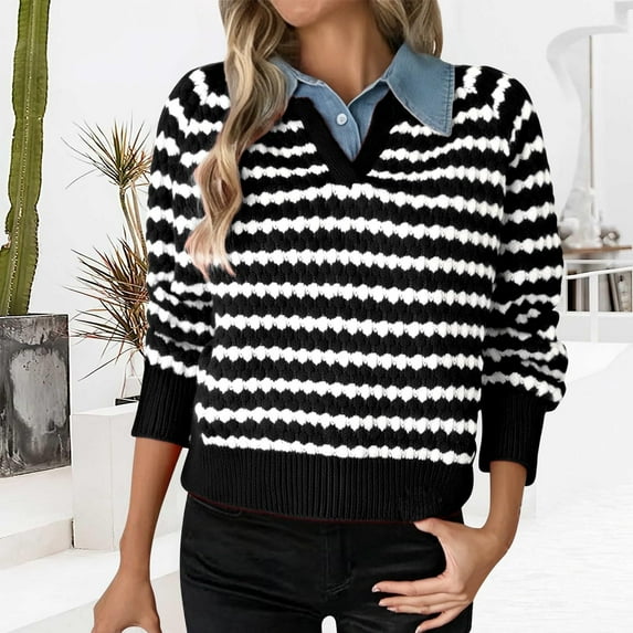 Black*Friday Chaoheng Women's Pullover Sweaters Women's Denim & Stripe ...