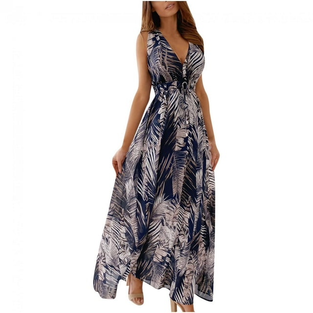 Bidobibo Womens Summer Maxi Dresses Tropical Print Beach Dresses V-Neck ...