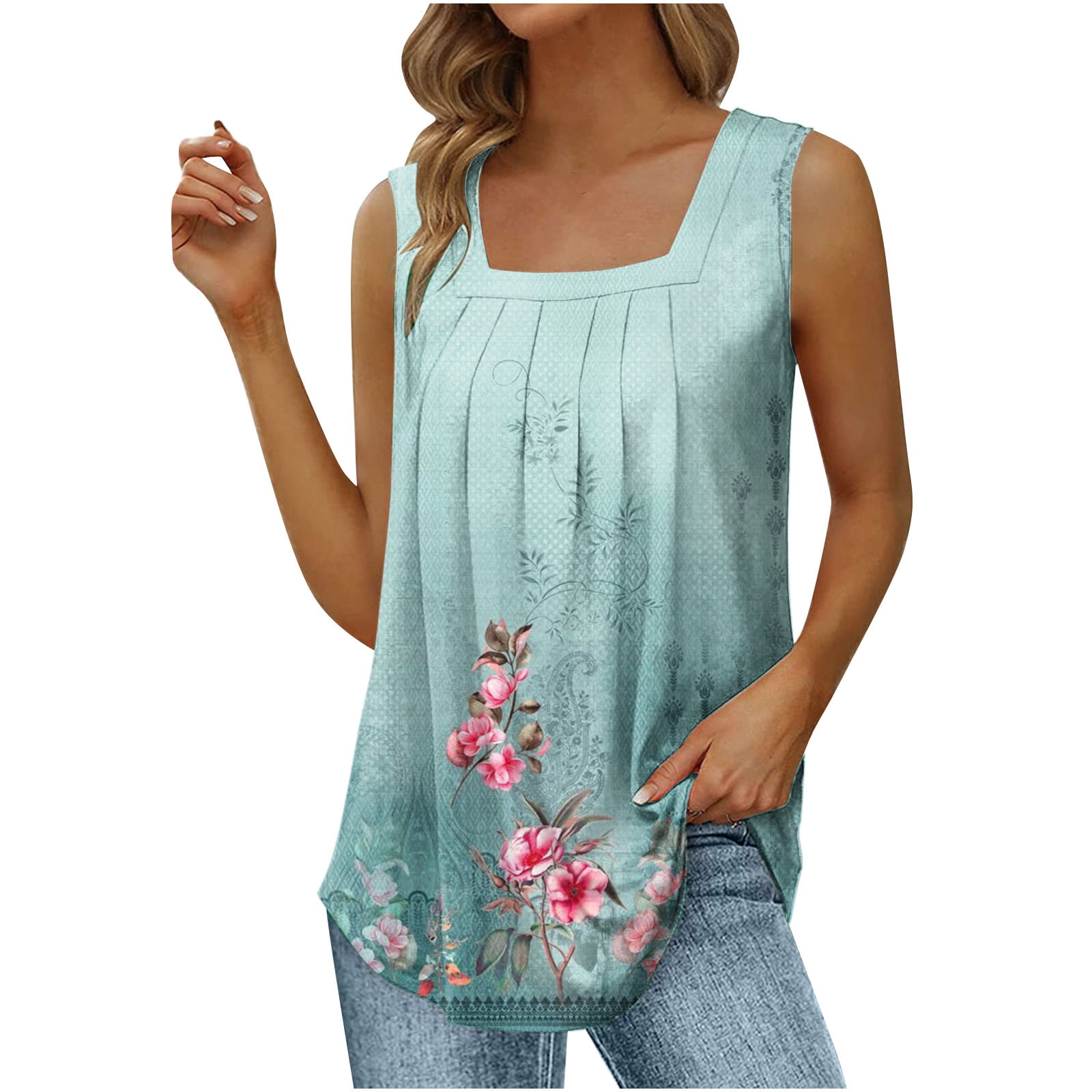 JINMGG Women's Summer Casual Tank Tops Loose Fit Pleated Square Neck ...