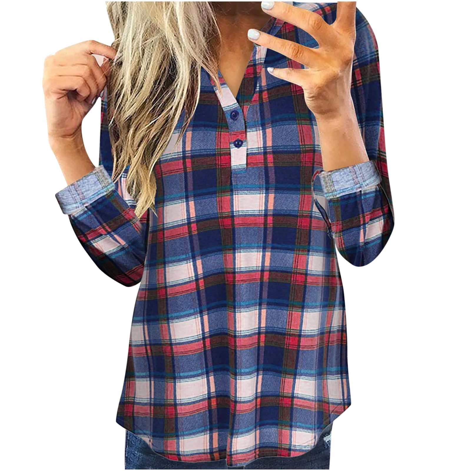 VEKDONE Long Sleeve Plaid Shirts for Women Loose Fit Plus Size Pullover ...