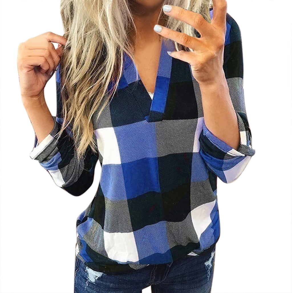 VEKDONE Plaid Print Shirts for Women Long Sleeve V-neck Pullover Fall ...