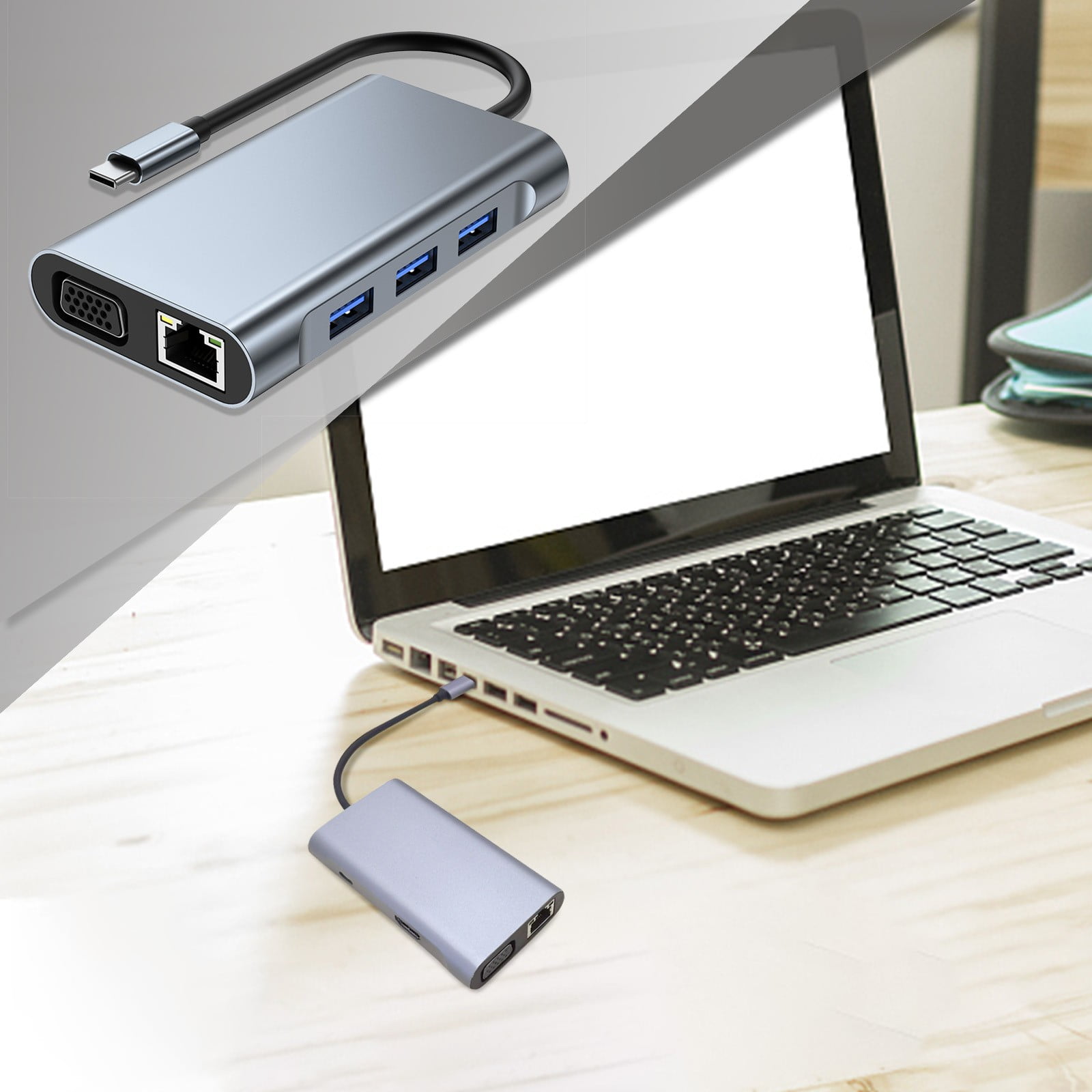 100Fens 7-in-1 Type-C Network Hub Multi-Splitter Adapter With + PD + VGA + RJ45 + 1xUSB3.0 ...