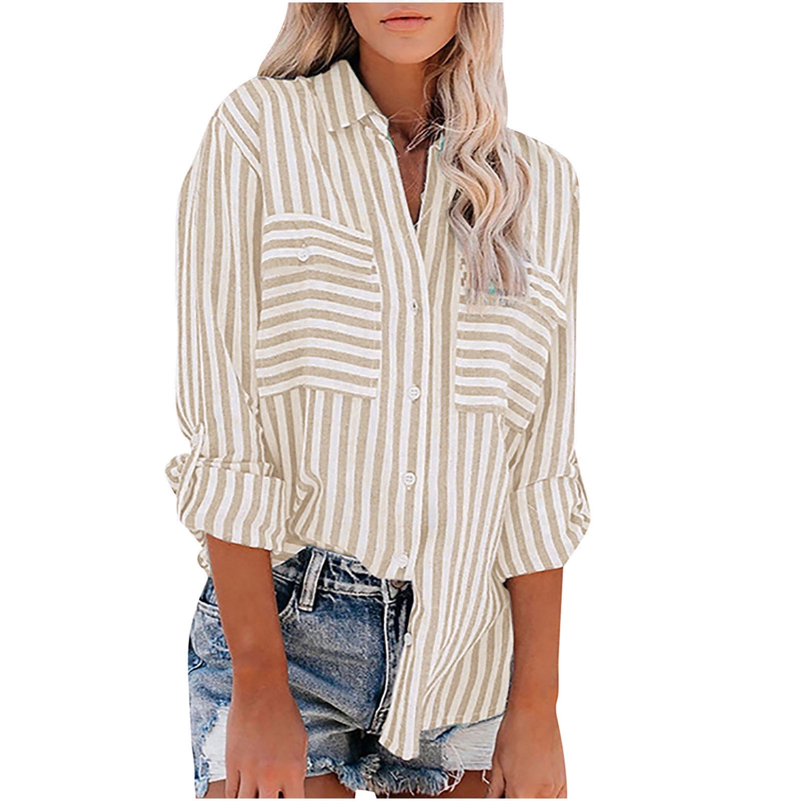 Deals Casual Tops for Ladies Striped Shirts Trendy Turndown Collar ...