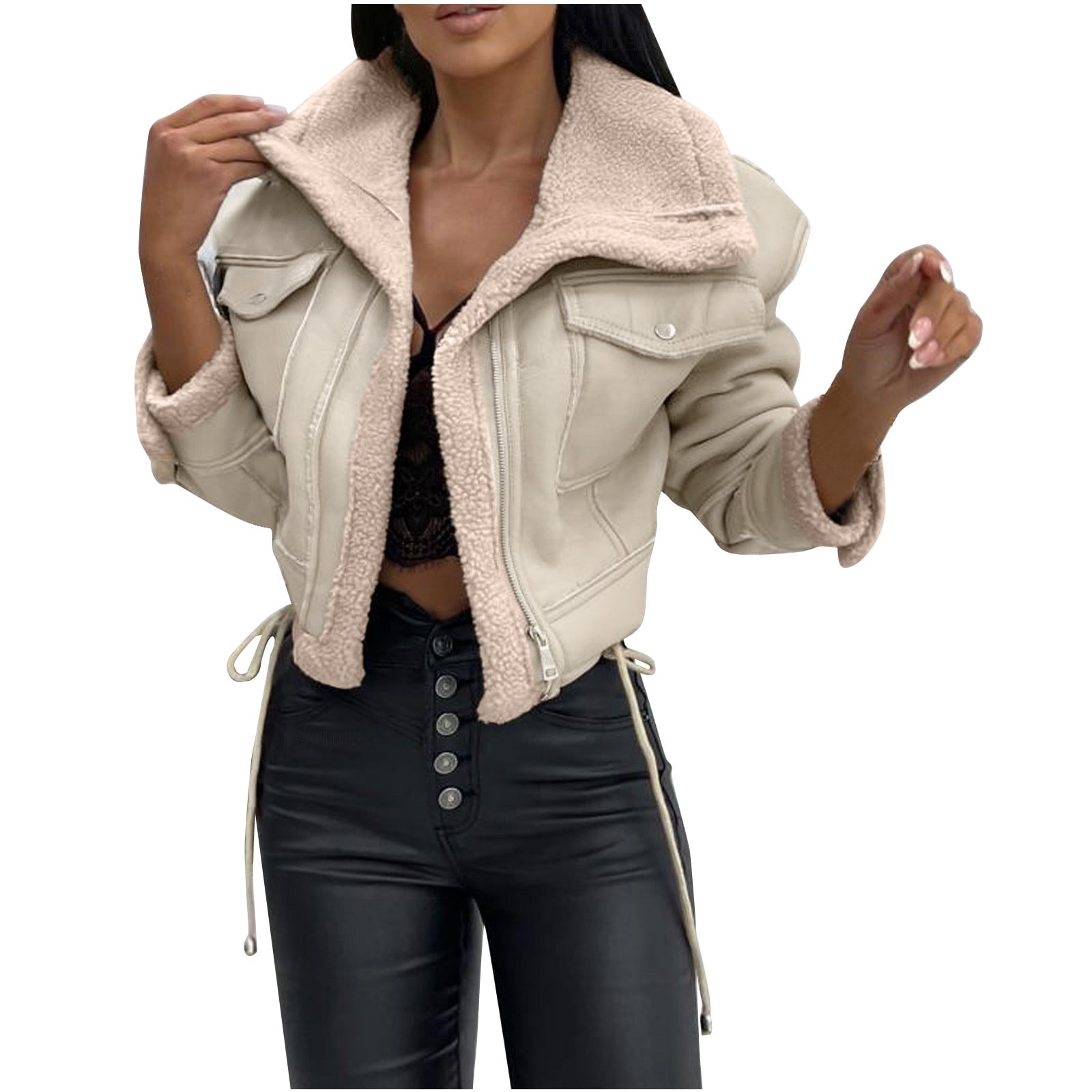 Women's Faux Fur Leather Motorcycle Cropped Coat Warm Moto Biker Sherpa ...