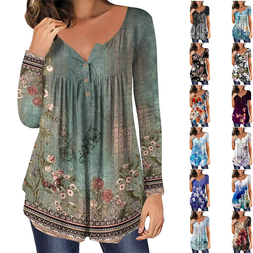 YOTAMI Women's Plus Size Long Sleeve Crewneck T Shirts, Pleated Print ...