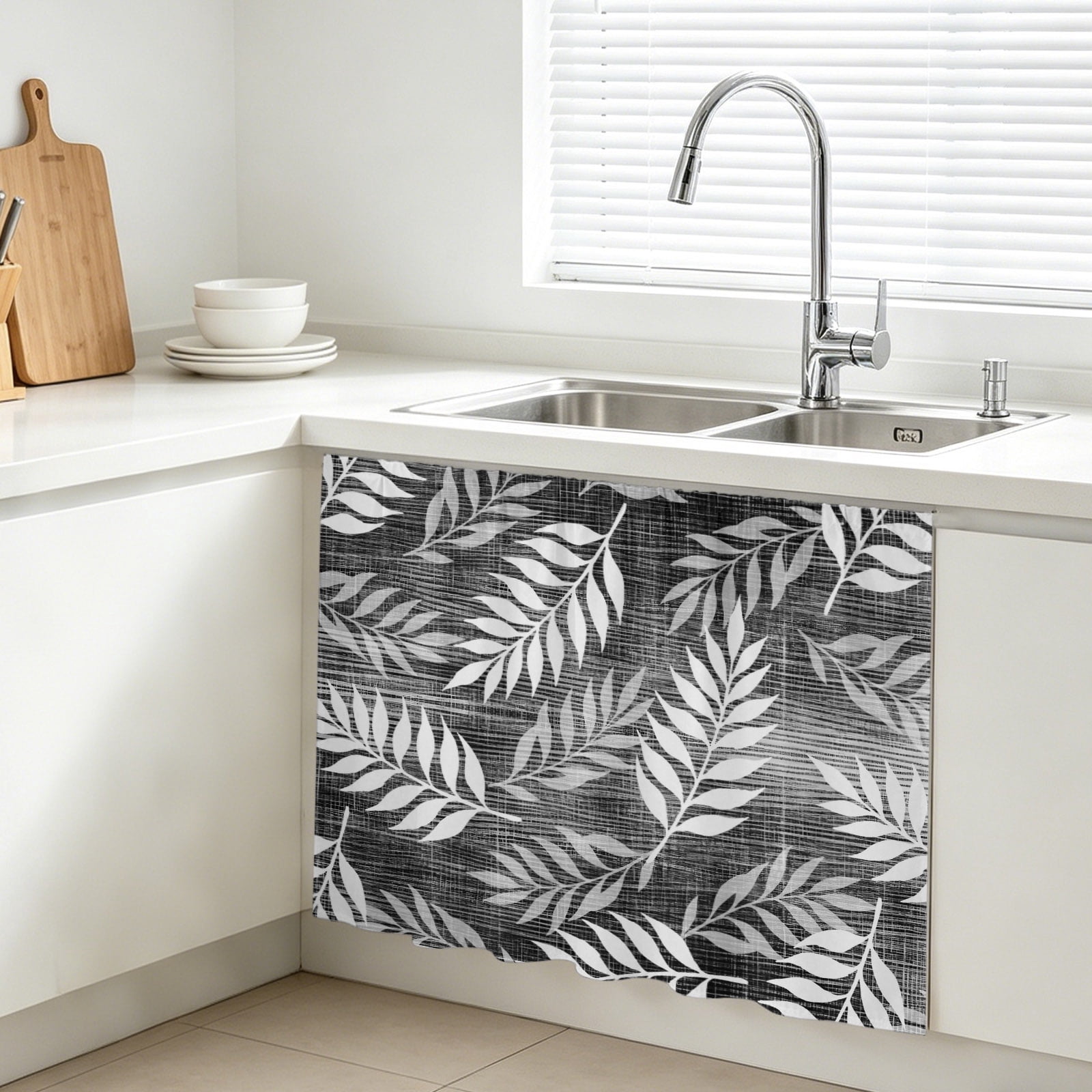Black Fronds Cabinet Curtain, Black Slate Leaf Plant Canvas Weave ...