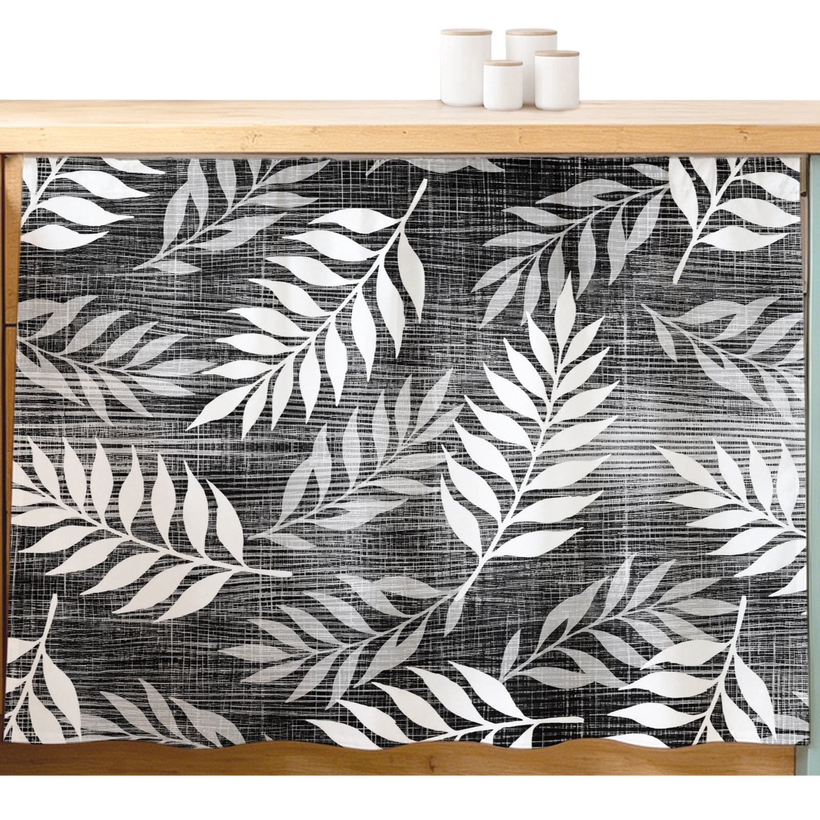 Black Fronds Cabinet Curtains 28" W x 35" L, Black Slate Leaf Plant ...