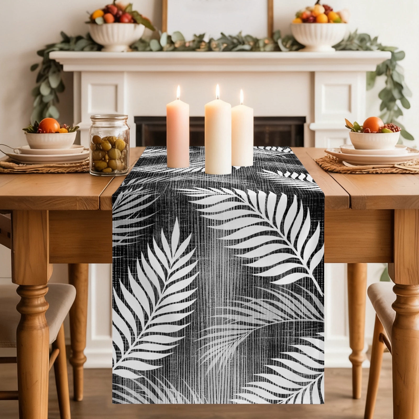 Black Fronds Dining Table Runner, Black Slate Gray Leaf Plant Canvas ...