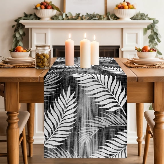 Black Fronds Dining Table Runner, Black Slate Gray Leaf Plant Canvas ...