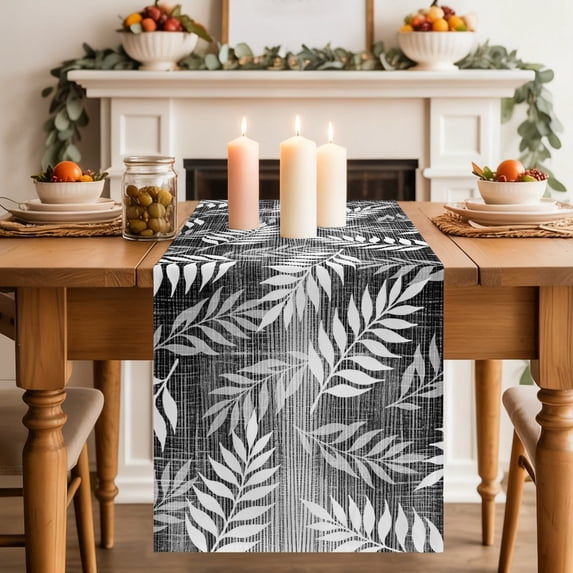 Black Fronds Dining Table Runner, Black Slate Leaf Plant Canvas Weave ...