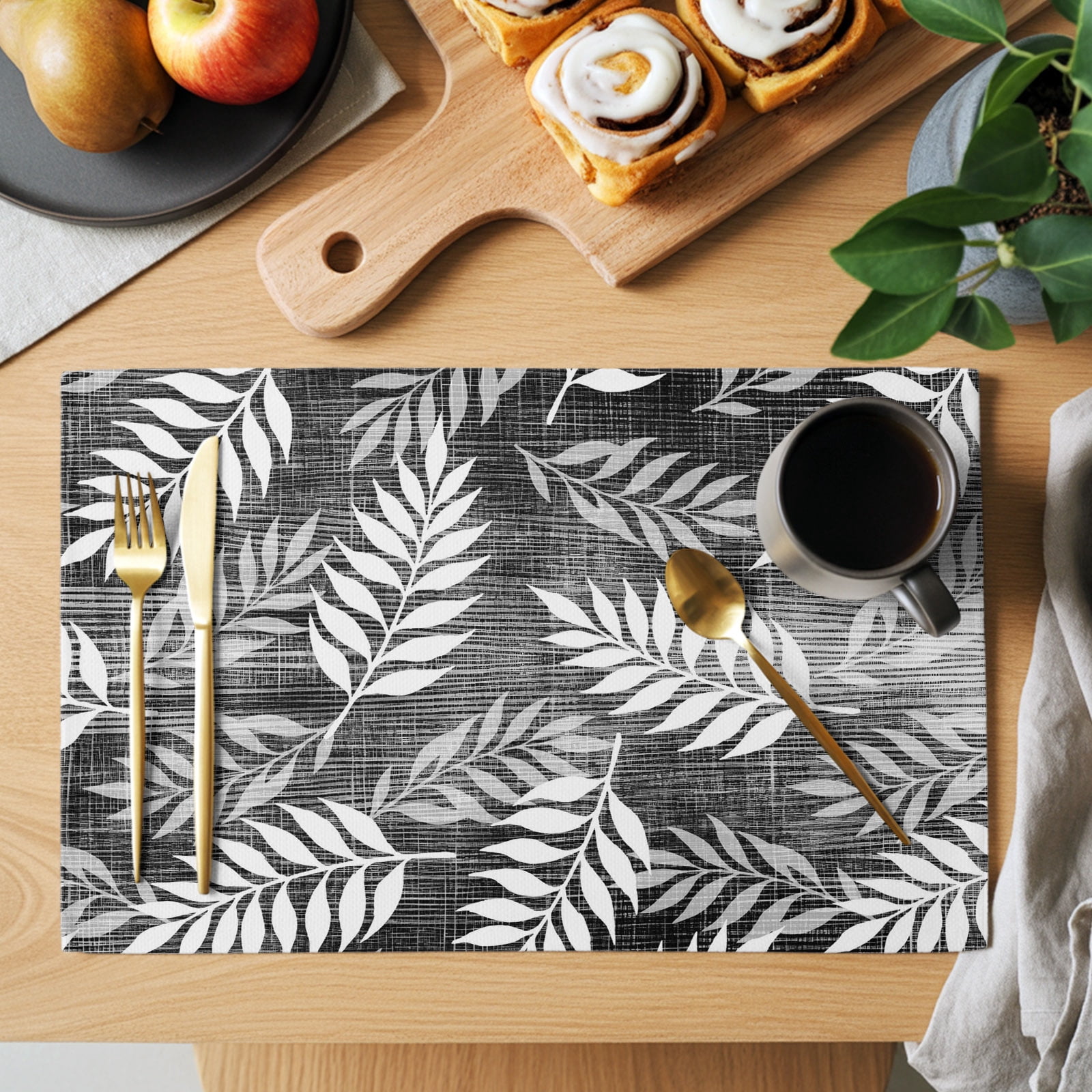 Black Fronds Placemats Set of 2, Black Slate Leaf Plant Canvas Weave ...
