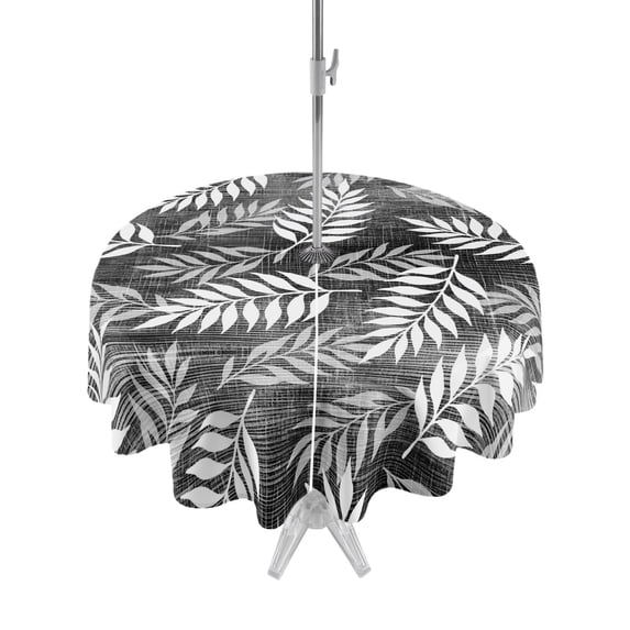 Black Fronds Round Outdoor Tablecloth with Umbrella Hole Black Slate ...