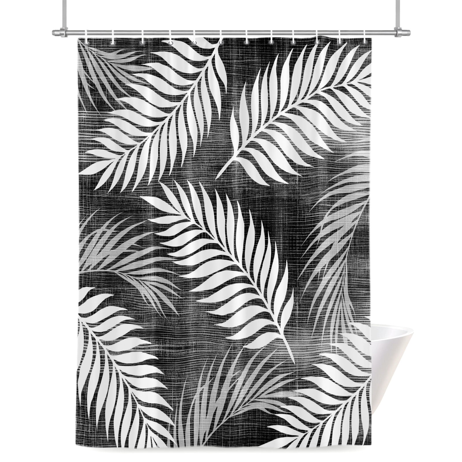 Black Fronds Shower Curtain, Black Slate Gray Leaf Plant Canvas Weave ...