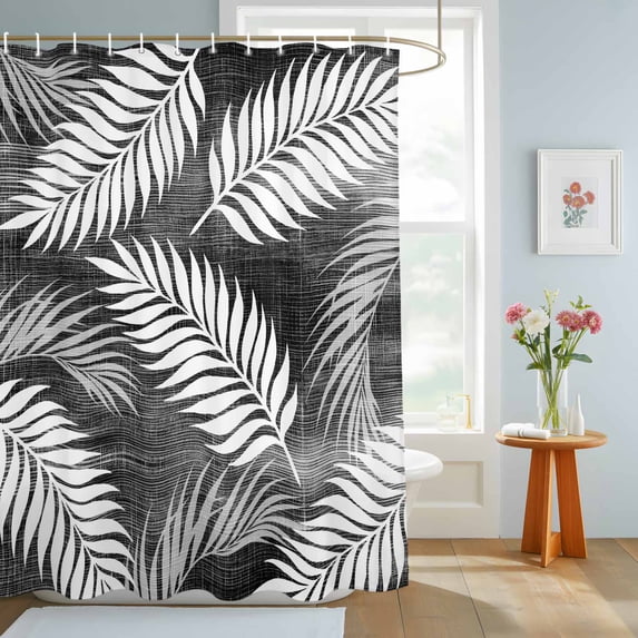 Black Fronds Shower Curtain, Black Slate Gray Leaf Plant Canvas Weave ...