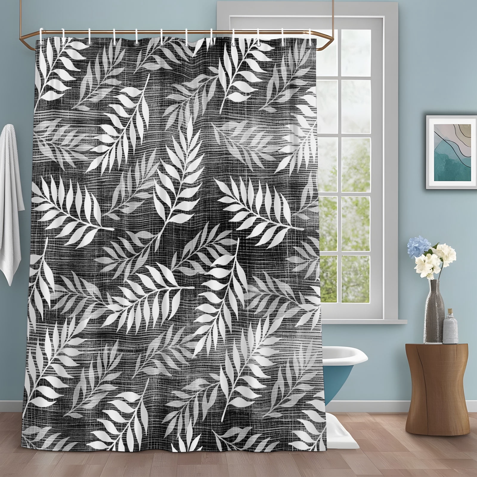 Black Fronds Shower Curtain Set with Hooks, Black Slate Leaf Plant ...