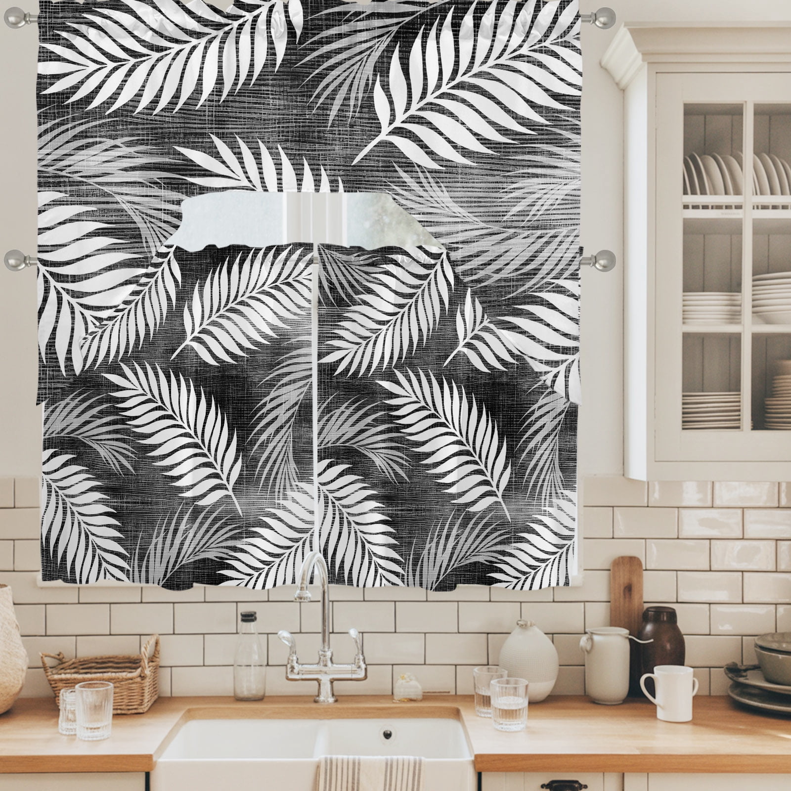 Black Fronds Swag Curtains Valance and Tier Set, Black Slate Gray Leaf ...