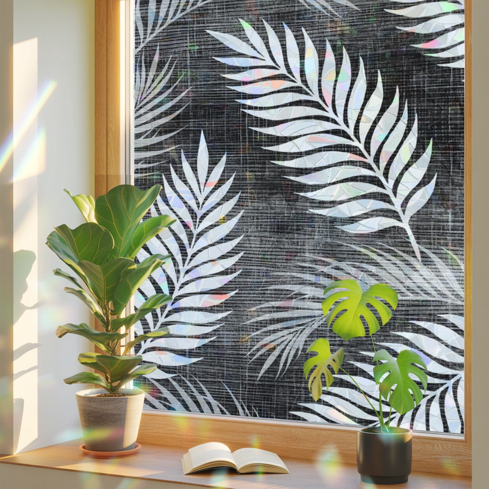 Black Fronds Window Privacy Film, Black Slate Gray Leaf Plant Canvas ...