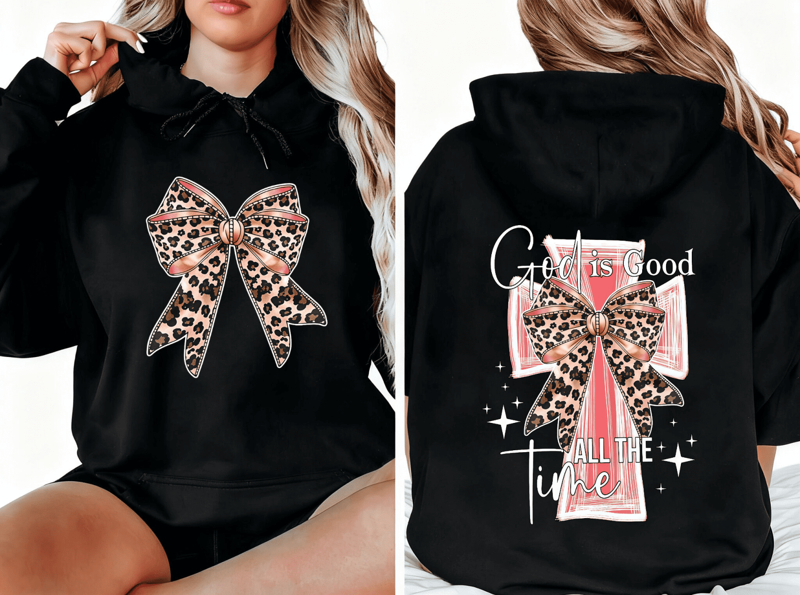 Black Front Back Print hoodie Graphic Sweatshirt Cozy Leopard Bow Cross ...