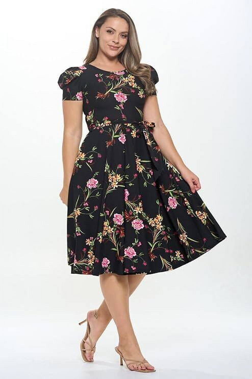 Black Fuchsia 1x-2x Plus Size Women's Short Puff Sleeve Midi Floral ...