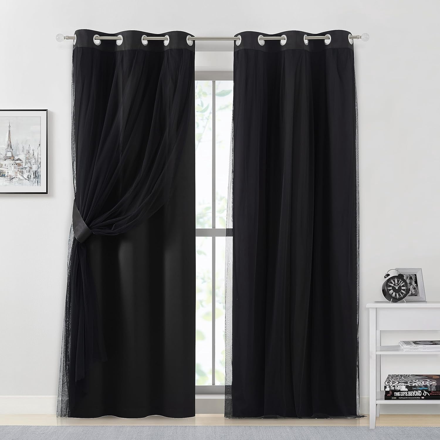 Black Full Blackout Curtain Panels with Sheer Overlay Mix and Match ...