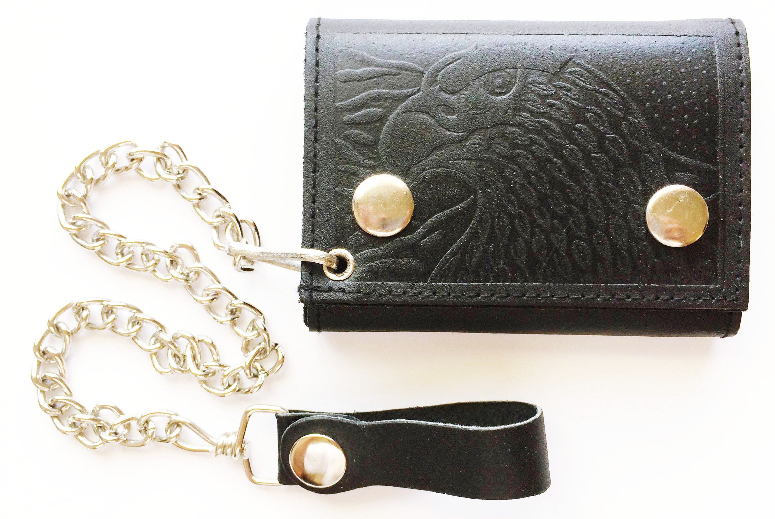 Black Full Grain Leather Men's Biker's Chain Trifold Wallet Trucker ...