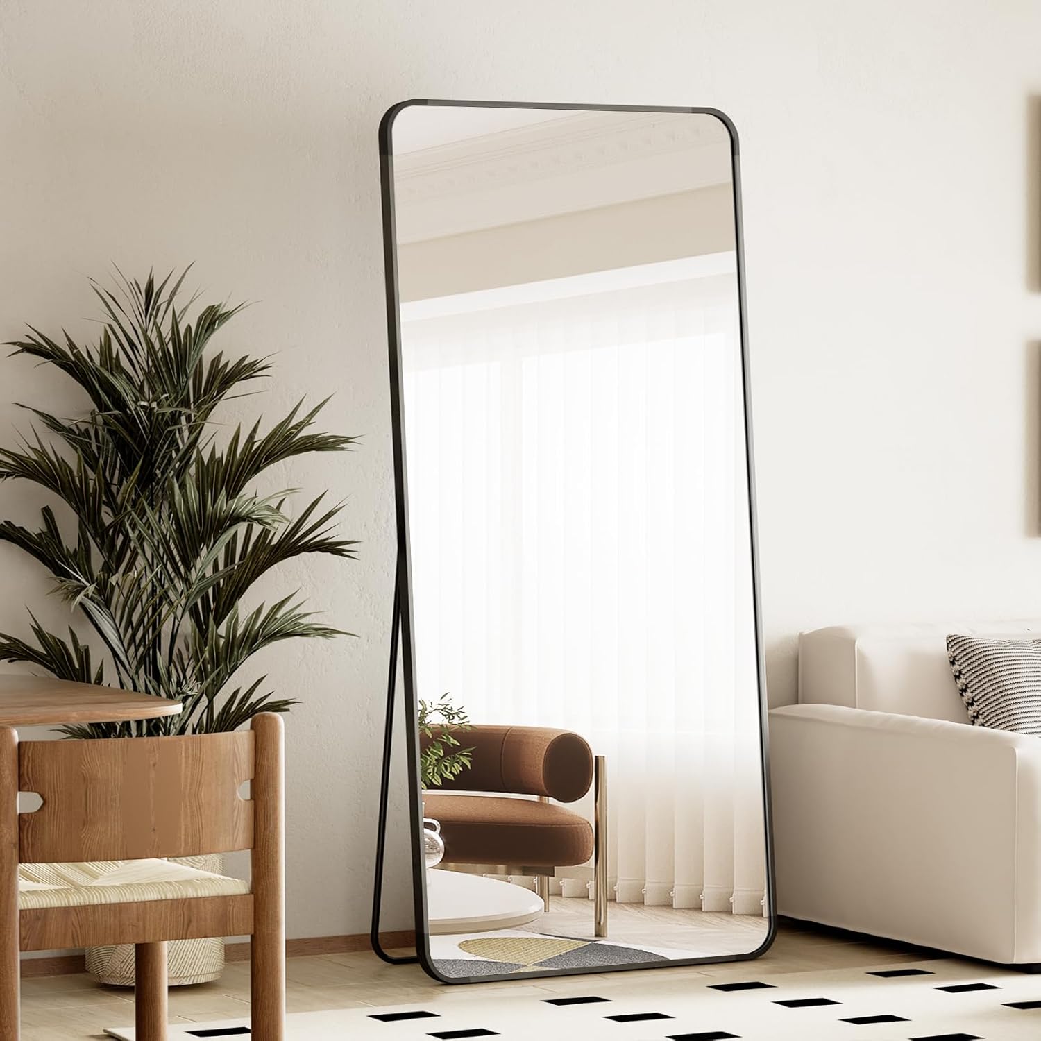 Black Full Length Mirror, 56"x21" Rounded Corner Floor Mirror Standing ...