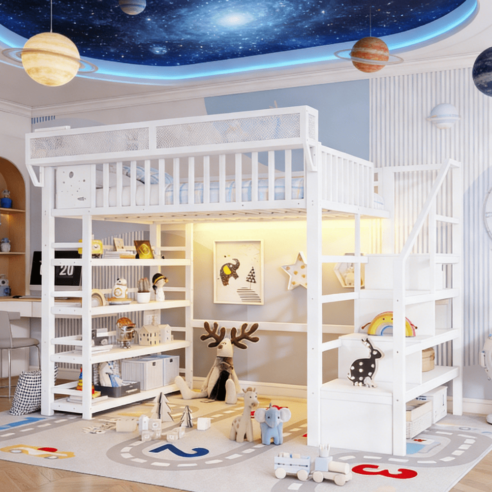 Black Full Metal Loft Bed with 4-Tier Storage Shelves, Stairs ...