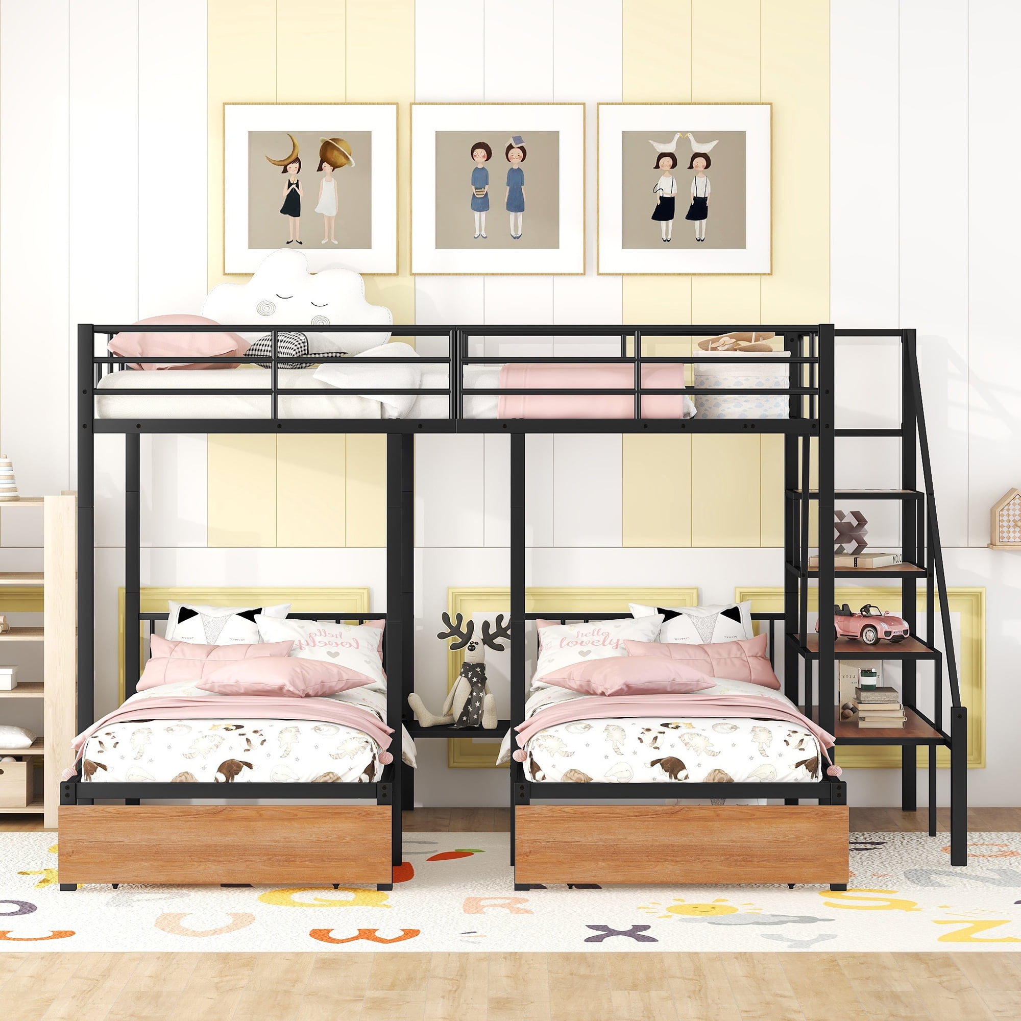 Black Full Over Twin-Twin Triple Bunk Bed with Drawers and Staircase - Space-Saving Solution for ...