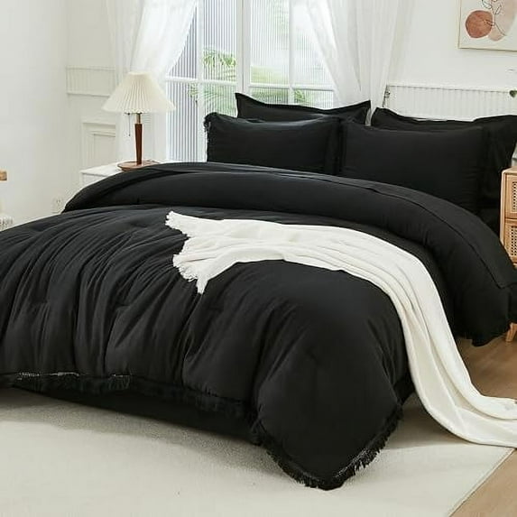 Black Full Size Comforter Set with Sheets - 7 Pieces Boho Tassel Bed in ...