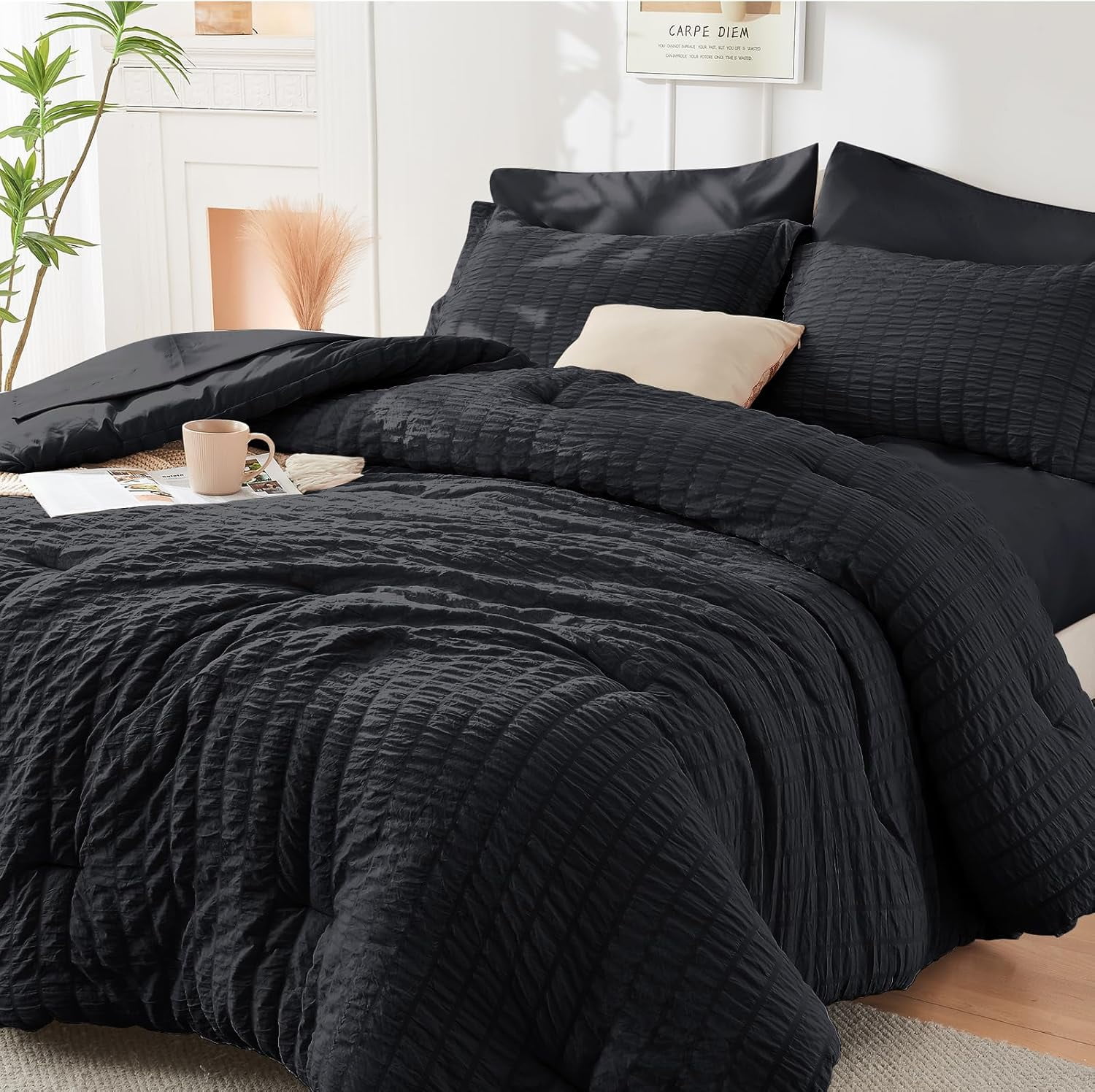Black Full Size Comforter Sets Seersucker 7 Pieces, All Season Luxury ...