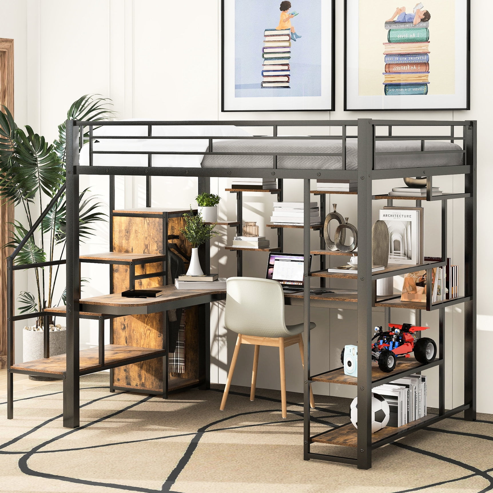 Black Full Size Loft Bed with Storage Shelves / Metal Material ...