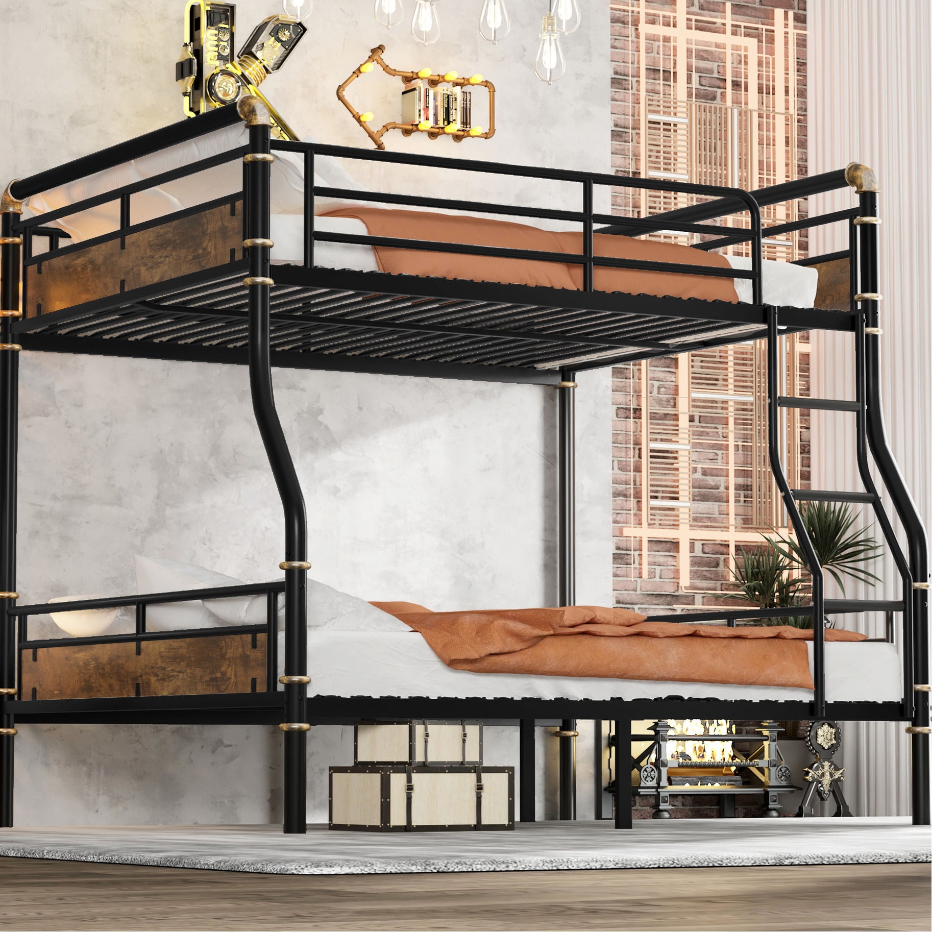 Black Full XL over Queen Bunk Bed | 3 - Step Ladder with Non - Slip ...
