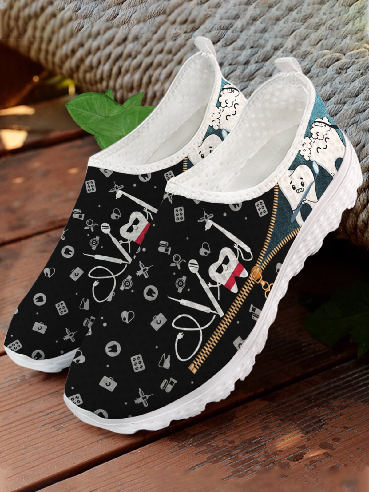 Black Funny Cartoon Teeth Print Ladies Summer Mesh Shoes Comfortable ...