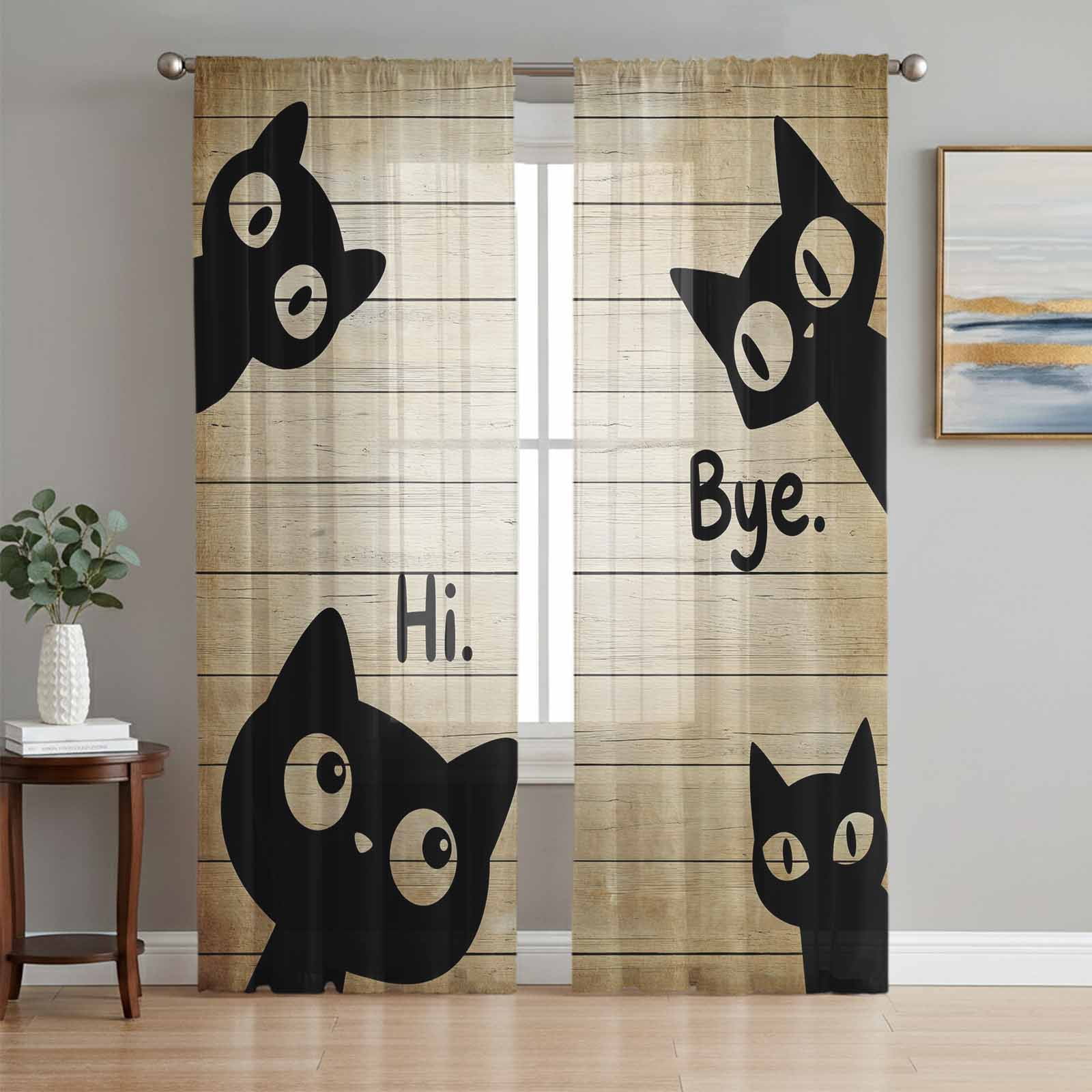 Black Funny Cats Sheer Curtains for Living Room Bedroom Vintage Rustic ...