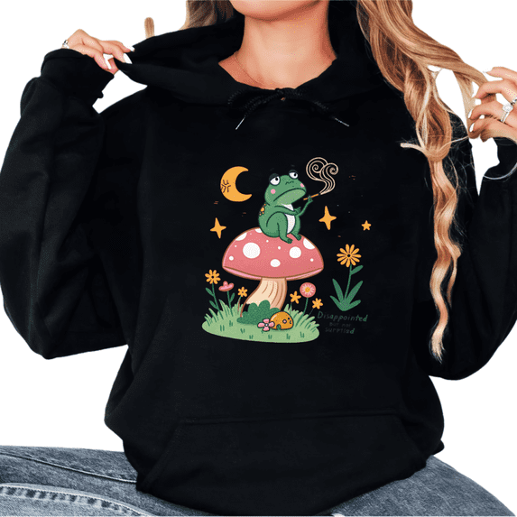 Black Funny Frog On Mushroom Print hoodie Graphic Sweatshirt Shirts For ...