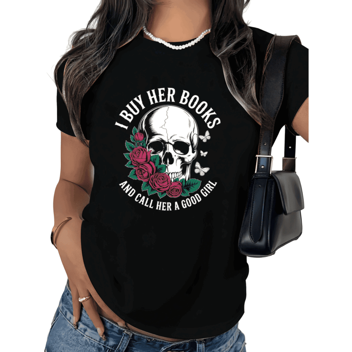Black Funny Gothic Skull Rose Book Lover Print Graphic Tees Spooky ...