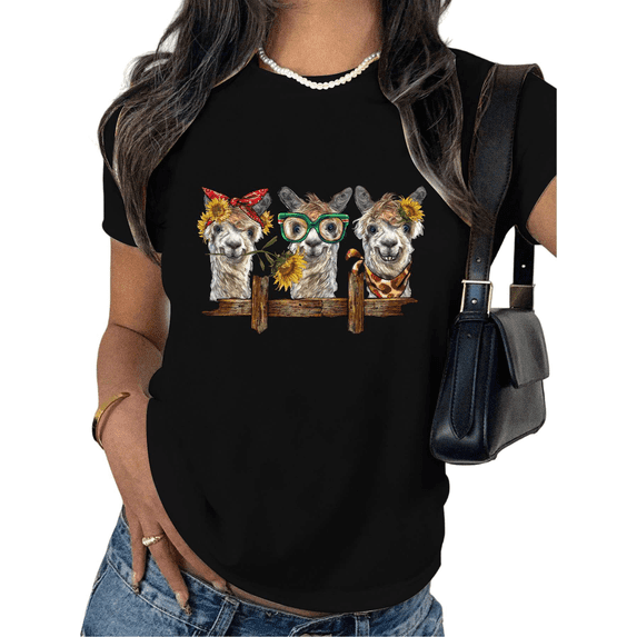 Black Funny Llama Graphic Print Tshirt Whimsical Farm Animal Tees Cute ...