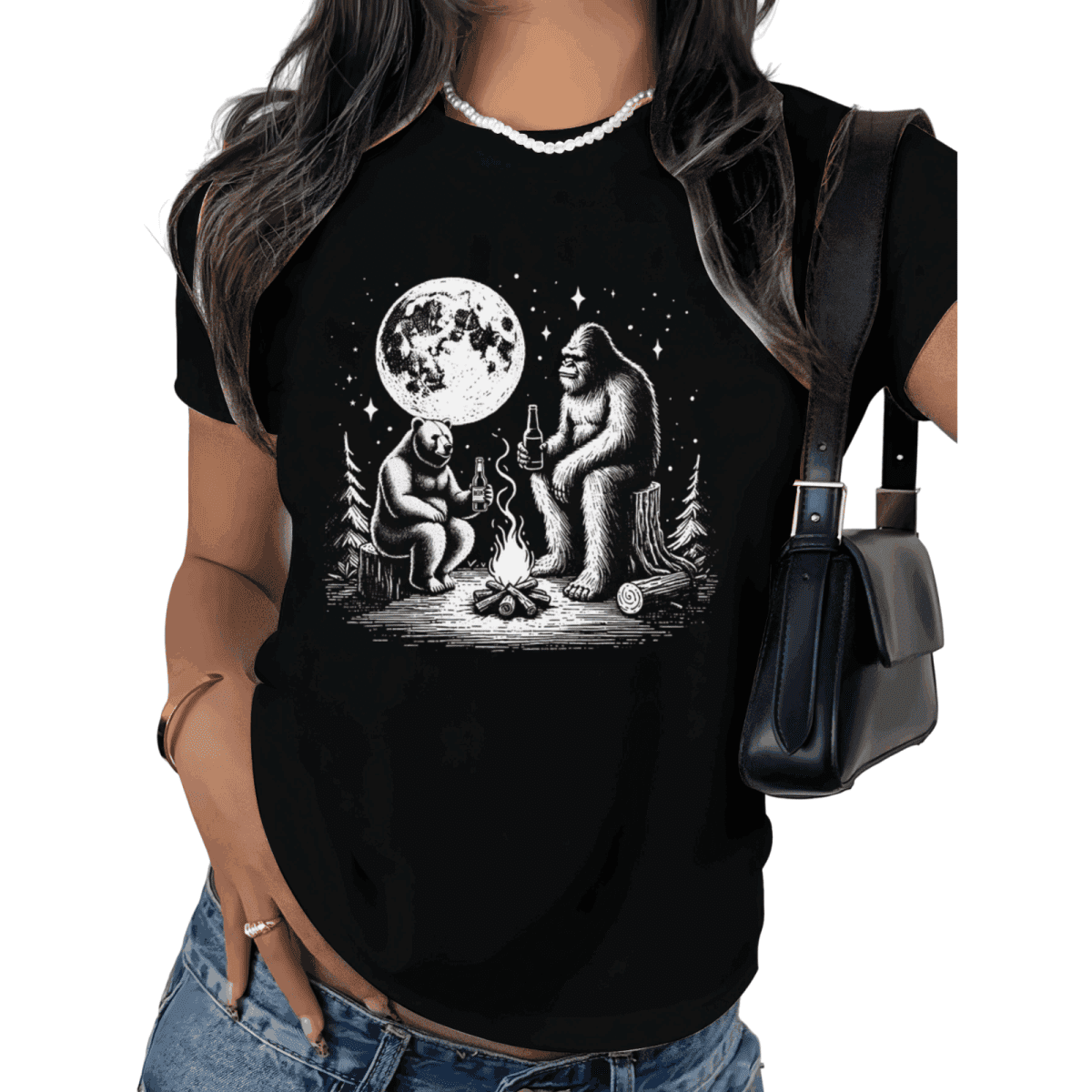 Black Funny Print Graphic Tees Bigfoot Bear Camping Humor S-5XL Loose ...