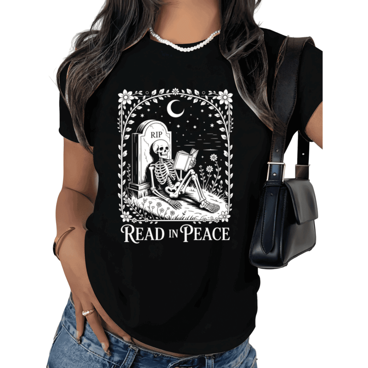 Black Funny Read In Peace Skeleton Reader Print Graphic Tees Gothic ...