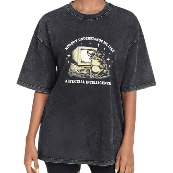 Black Funny Washed Print Graphic Tees Retro Computer Frog Nerd Casual ...