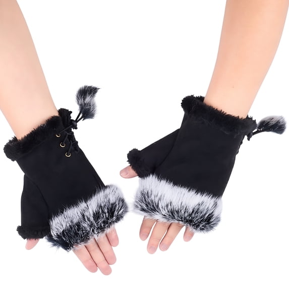 Black Fur Fingerless Gloves Winter Cold Weather Fuzzy Suede Leather ...
