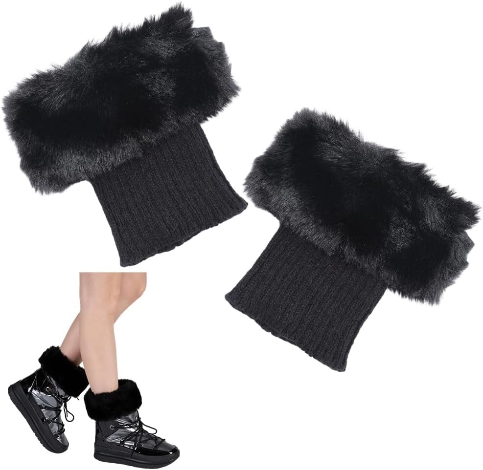 Black Fur Plush Leg Cuffs Knitted Fuzzy Leg Warmers Winter Soft Short ...