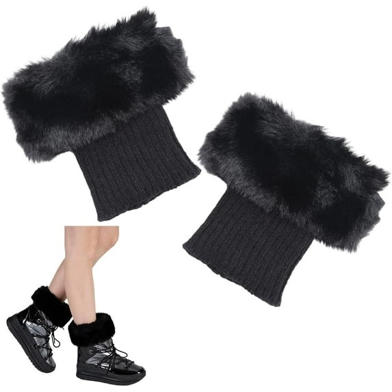 Black Fur Plush Leg Cuffs Knitted Fuzzy Leg Warmers Winter Soft Short ...